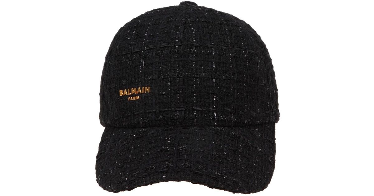 Balmain Logo-Plaque Embellished Tweed Cap in Black for Men | Lyst
