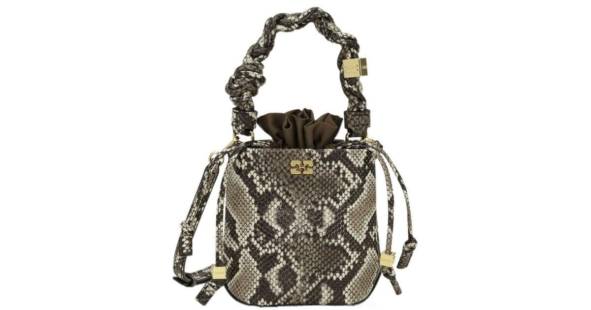 Ganni Snake Mini Bou Bucket Bag in Black | Lyst