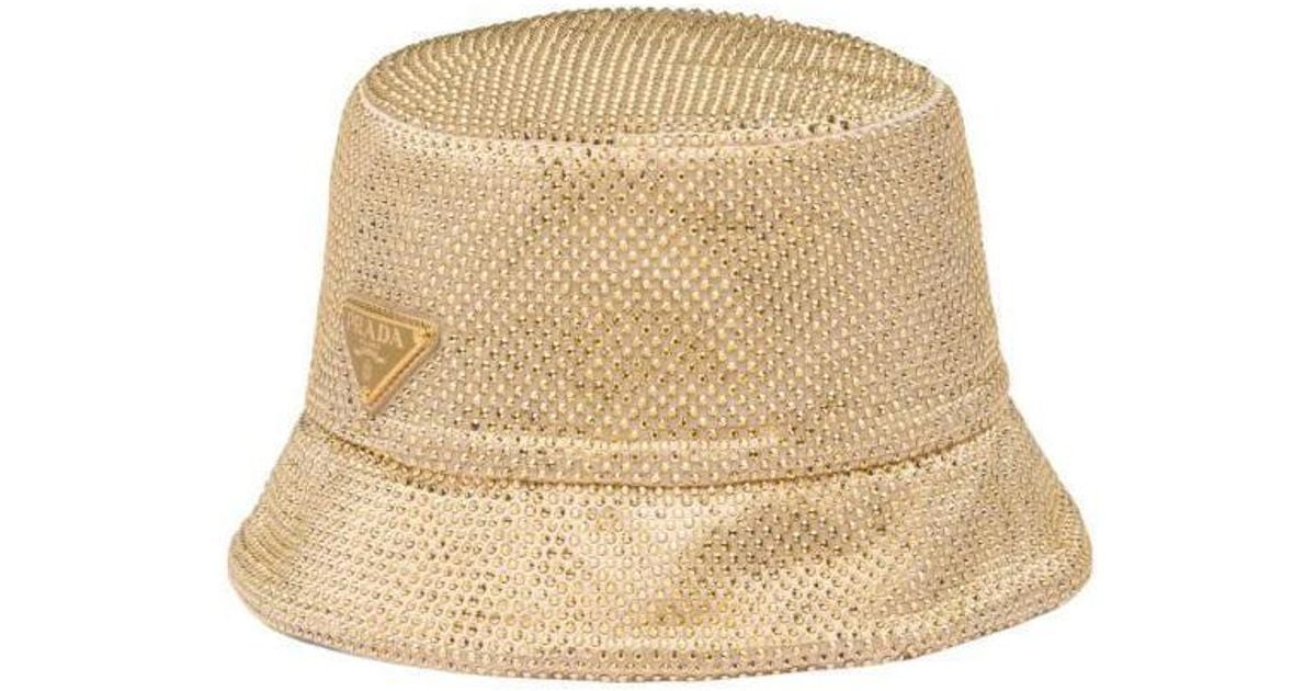 Prada Satin Bucket Hat With Crystals in Natural | Lyst