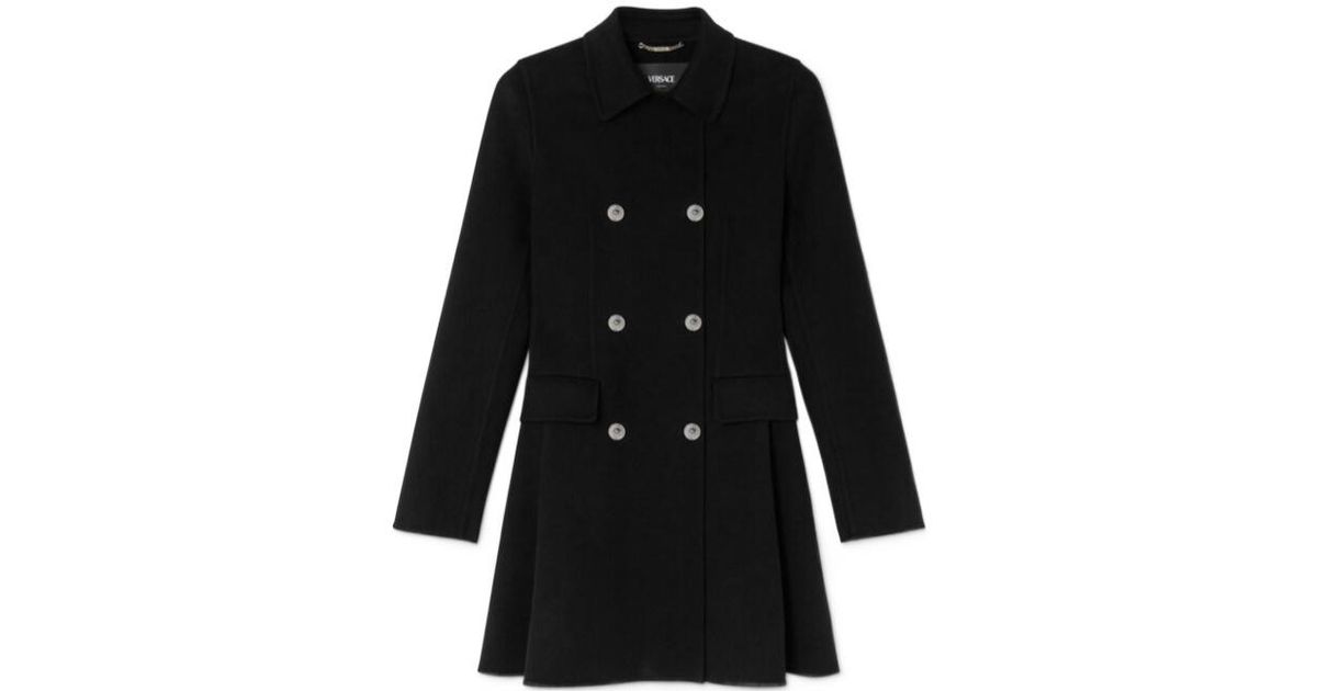 Versace Double-Breasted A-Line Coat in Black | Lyst