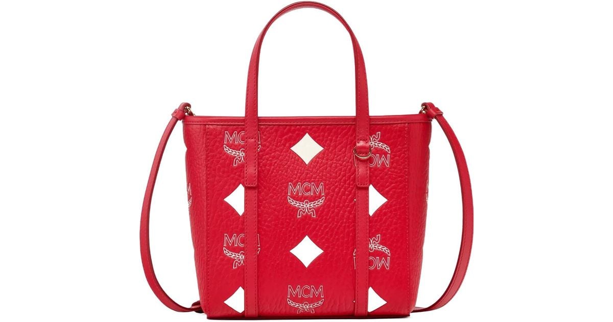 MCM Mini Toni Maxi Visetos Top Zipper Shoulder Bag in Red | Lyst