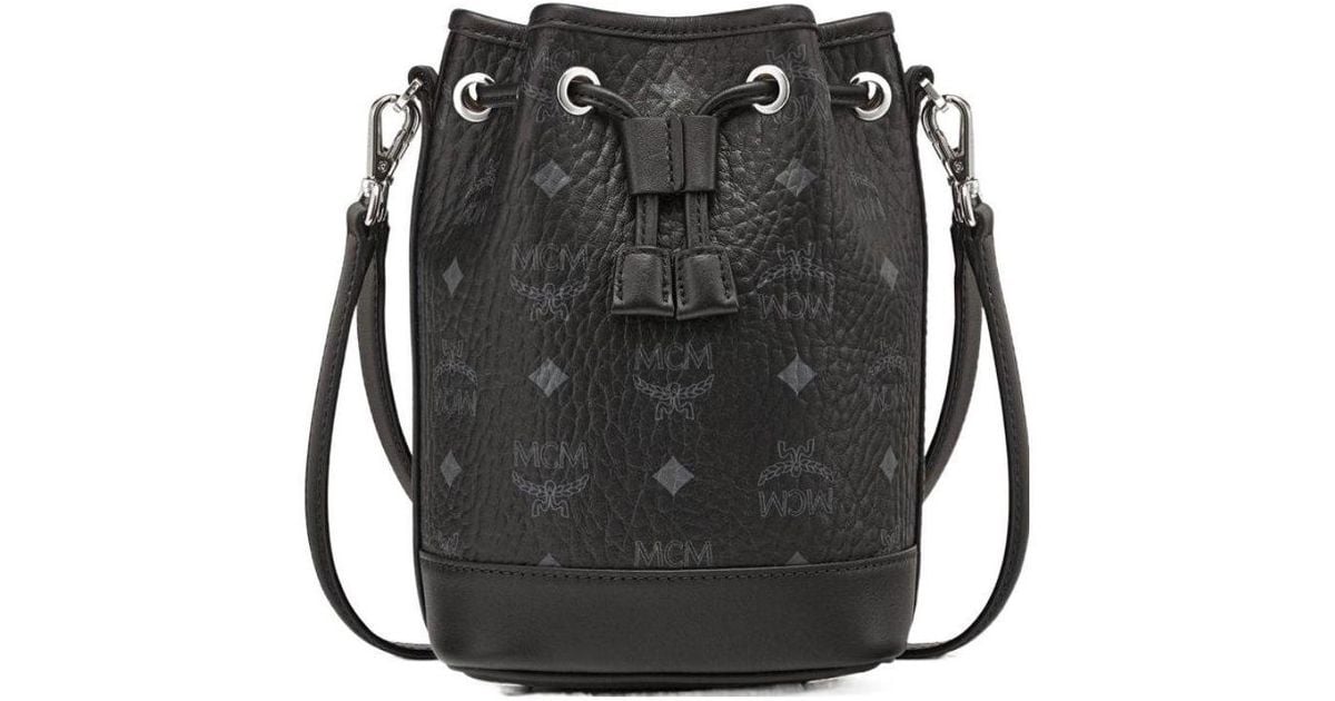 MCM Allover Dessau Monogram Print Drawstring Mini Bucket Bag in Black ...