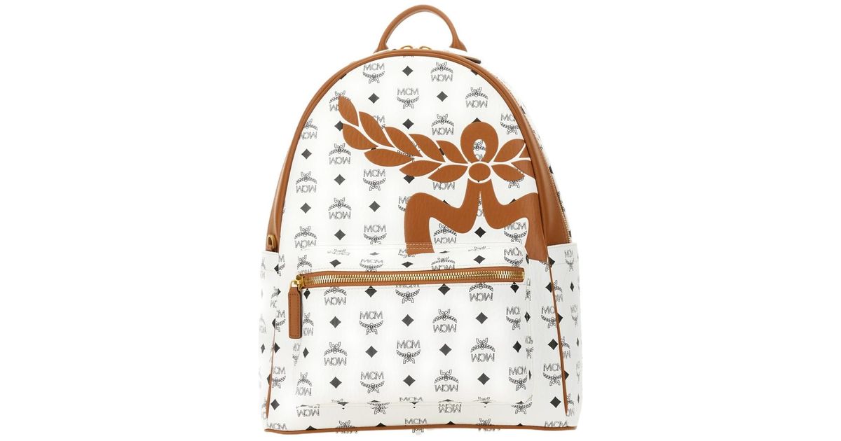 MCM Medium Stark Mega Laurel Visetos Zipped Backpack in White | Lyst