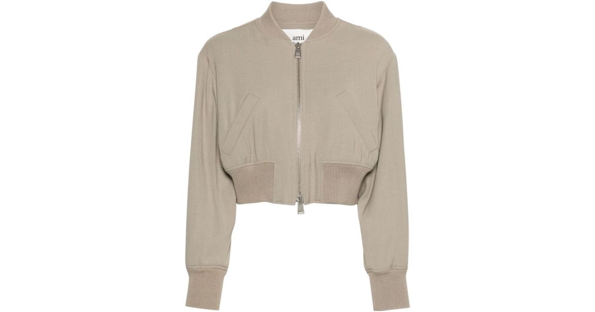 Ami Paris Zip-Up Padded Bomber Jacket in Natural | Lyst
