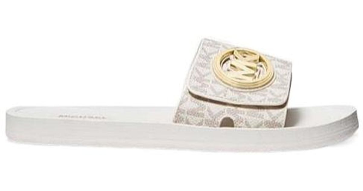 Michael Kors Logo-Plaque Canvas Slides in White | Lyst