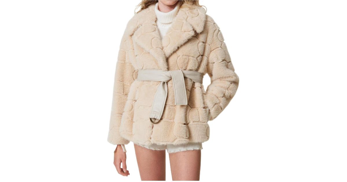 Twinset Oval T Short Faux Fur Coat in Natural | Lyst