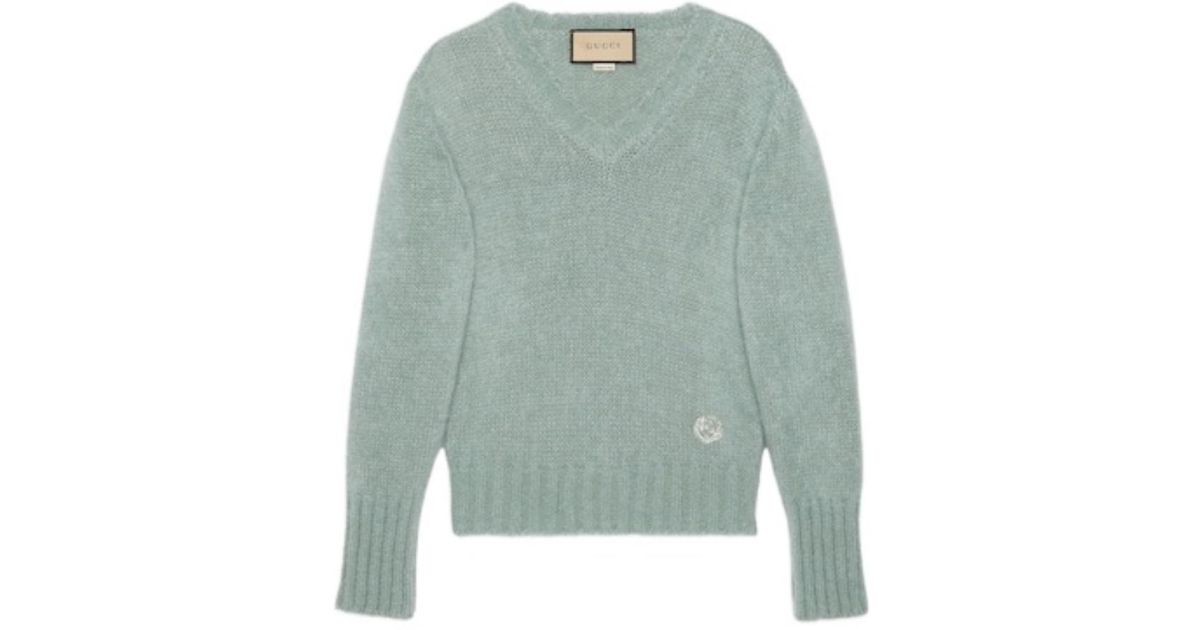 Gucci Interlocking G Rhinestoned Mohair Jumper in Green | Lyst
