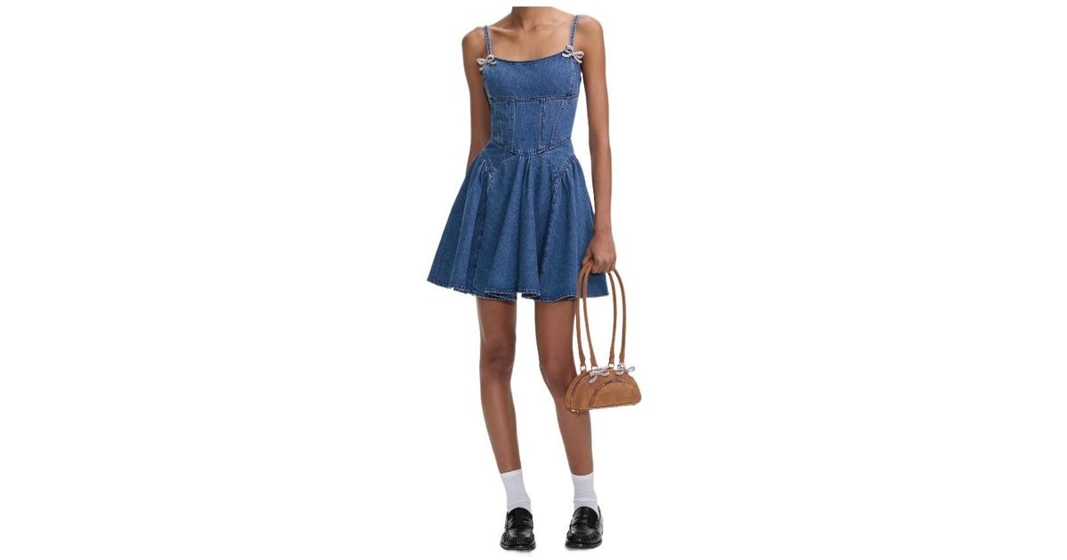 Self-Portrait Lightweight Denim Flared Mini Dress in Blue | Lyst
