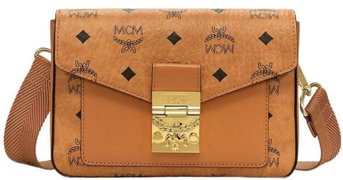 MCM Millie Visetos Logo Printed Small Crossbody Bag in Brown | Lyst