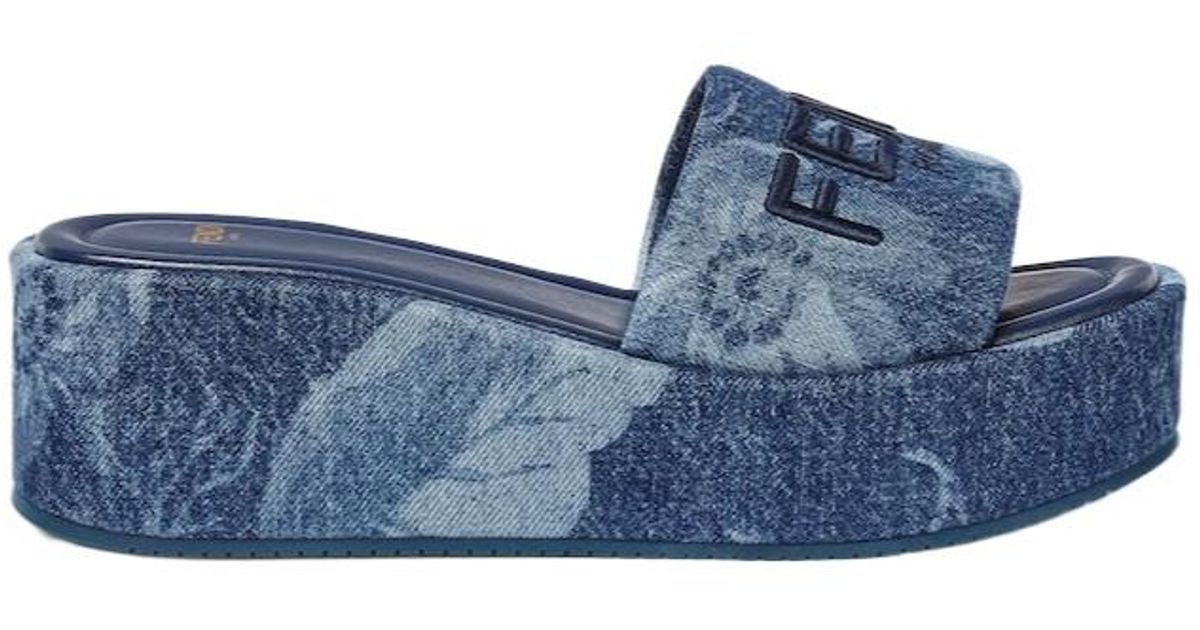 Fendi Denim Flatform Slides in Blue | Lyst