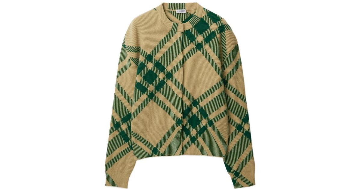 Burberry Check-Pattern Wool-Blend Cardigan in Green | Lyst