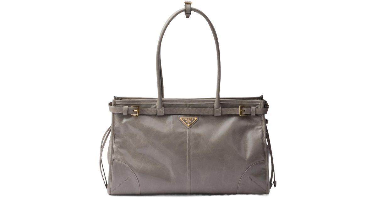 Prada Large Enamel Triangle Logo Belted Handbag in Gray | Lyst