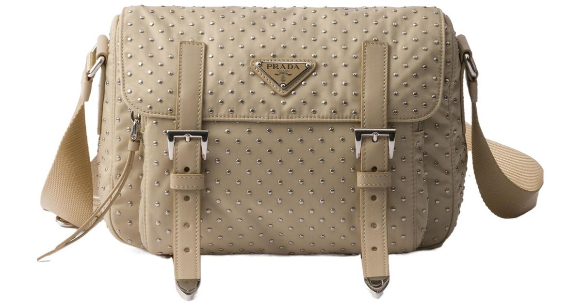 Prada Re-Nylon Shoulder Bag With Studs in Natural | Lyst