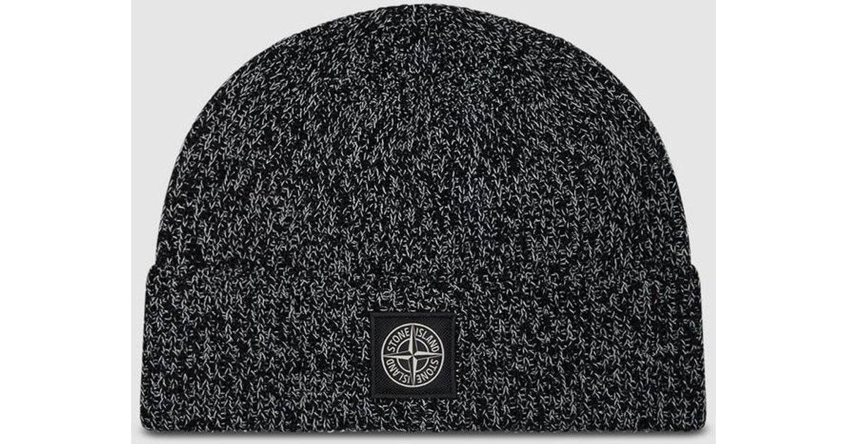 Stone Island Reflective Knit Logo Beanie Melange in Black | Lyst UK