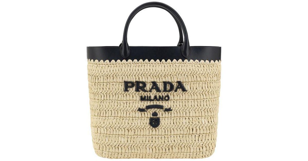 Prada Woven Raffia Tote Bag in Metallic | Lyst