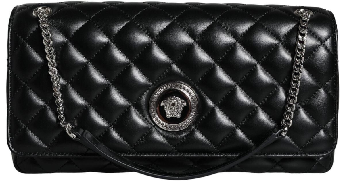 Versace Quilted Lambskin Leather Crossbody Shoulder Bag in Black | Lyst UK