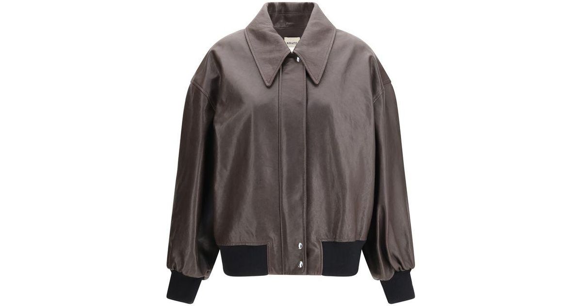 KHAITE Brown Leather Jacket in Grey | Lyst UK