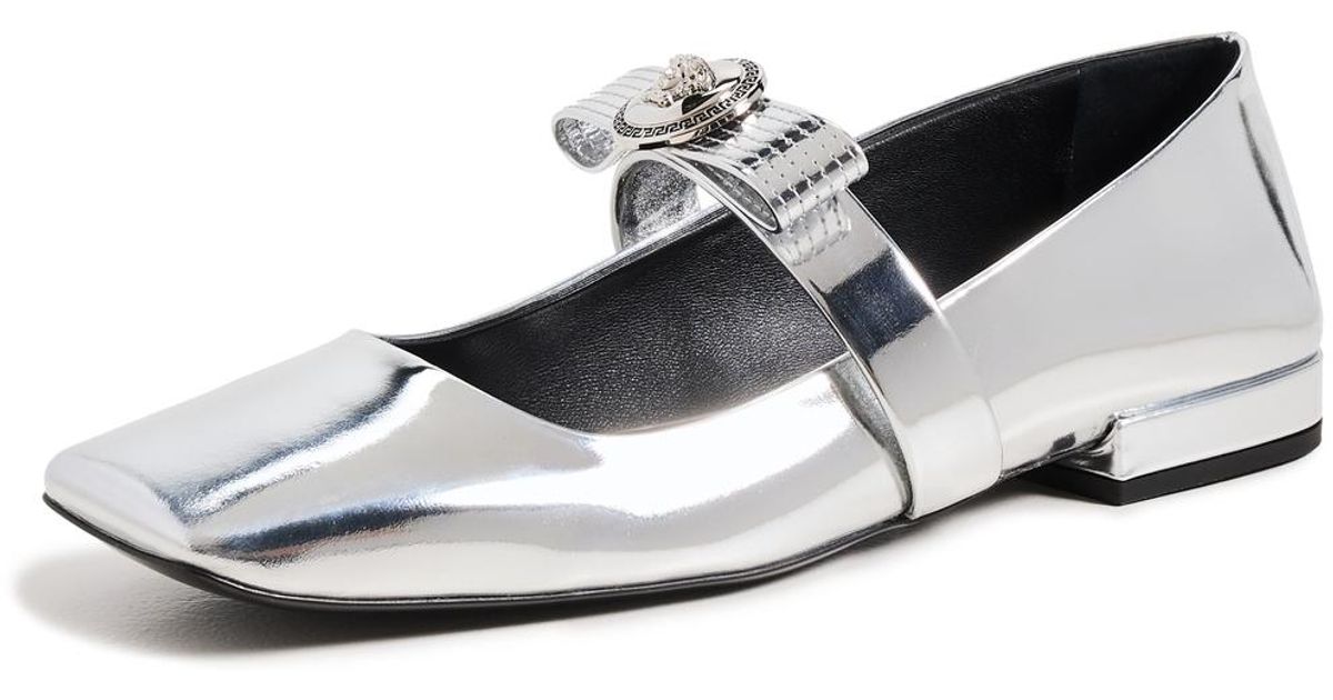 Versace Gianni Ribbon Metallic Balleriana Flats in White | Lyst