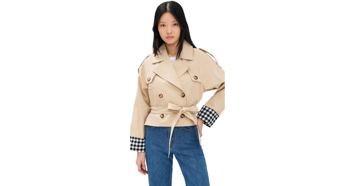 Line & Dot Alba Crop Trench Jacket With Gingham Check Cuffs in Blue | Lyst