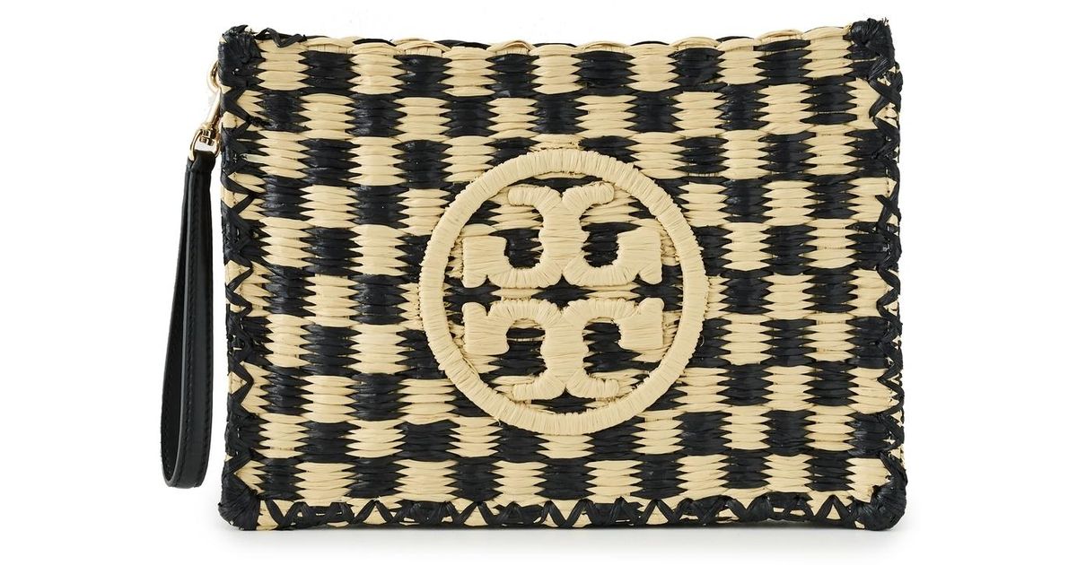 Tory Burch Ella Straw Pouch in Black | Lyst