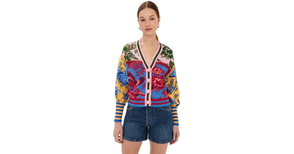 FARM Rio Floral De Renda Patch Knit Cardigan in Blue | Lyst
