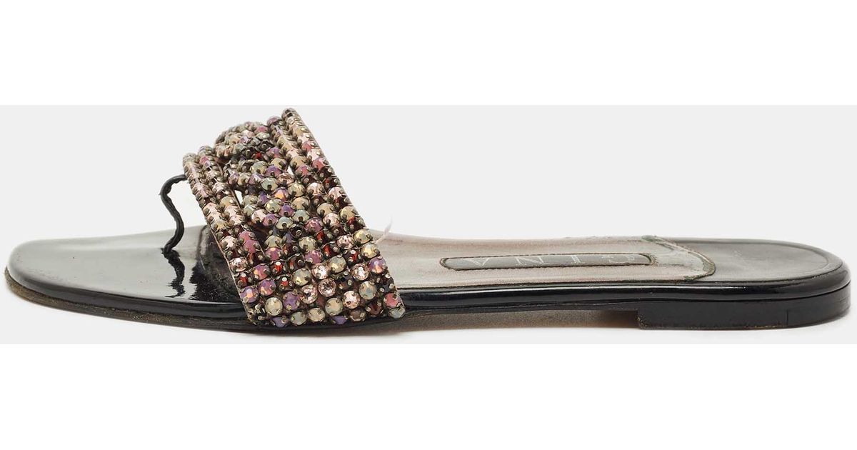 Gina Leather Crystal Embellished Aurora Thong Flat Slides in Metallic ...
