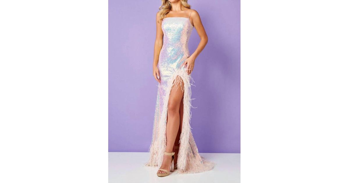 Rachel Allan Feather Slit & Train Sequin Gown in Purple | Lyst