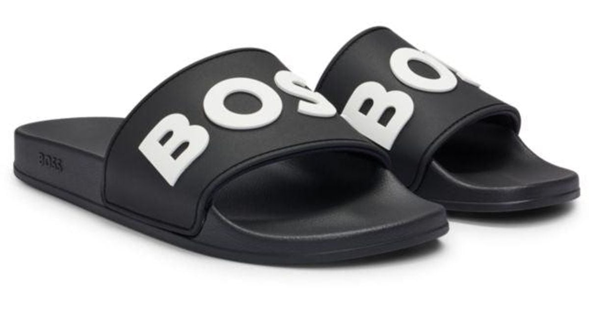 BOSS Italian-Made Slides With Raised Logo in Black for Men | Lyst