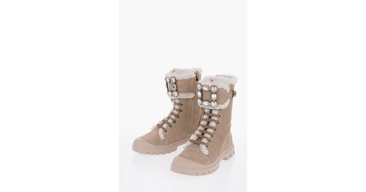 Roger Vivier Shearling Lace-Up Boots With Swarovski Buckle in Natural ...