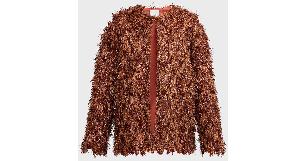 St. John Metallic Sequin Faux-Fur Fringe Knit Jacket in Brown | Lyst