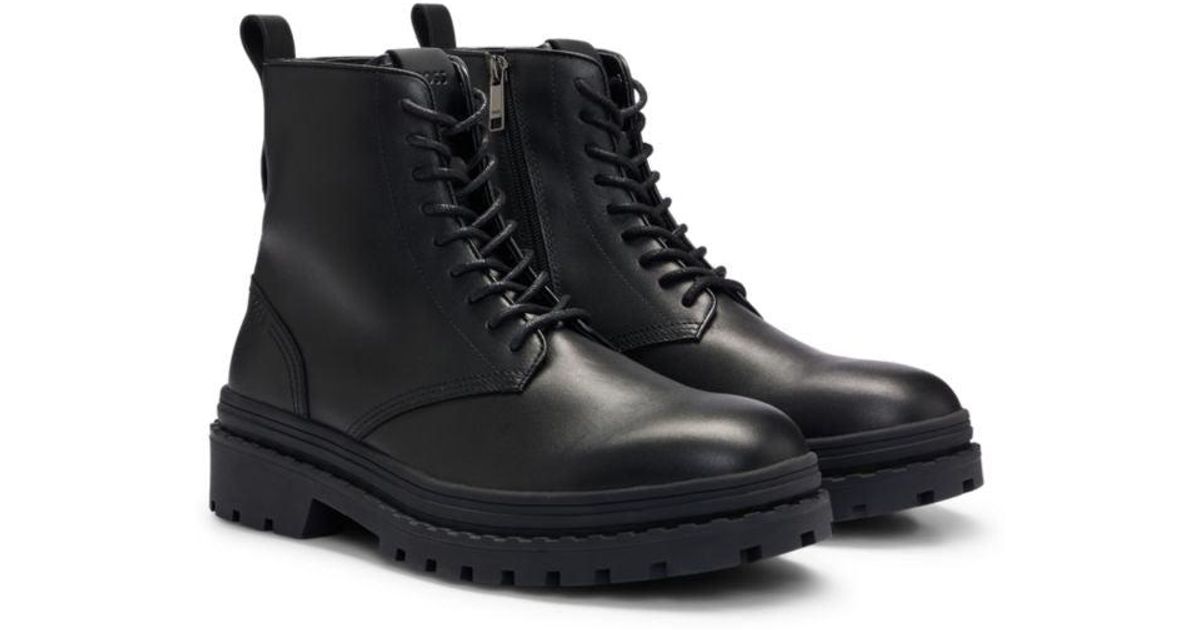 BOSS Leather Lace-Up Boots With Rubber Outsole in Black for Men | Lyst
