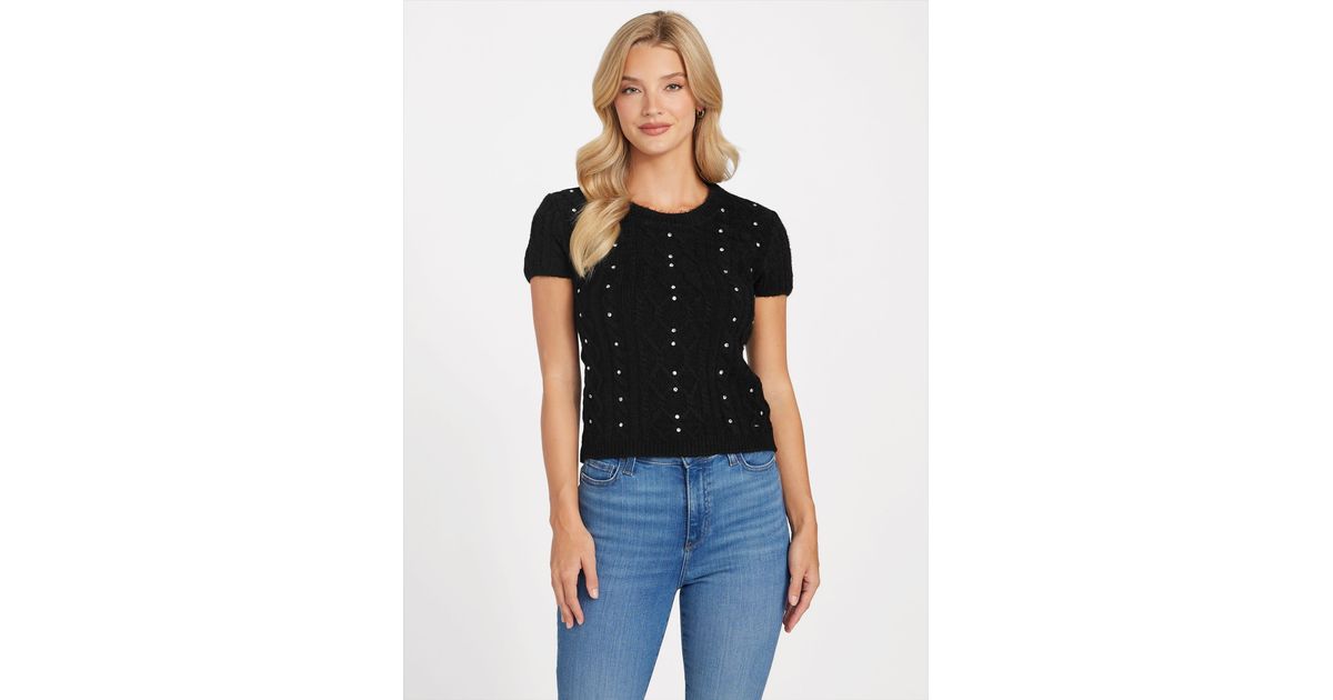 Guess Vienna Cable-Knit Rhinestone Sweater in Black | Lyst