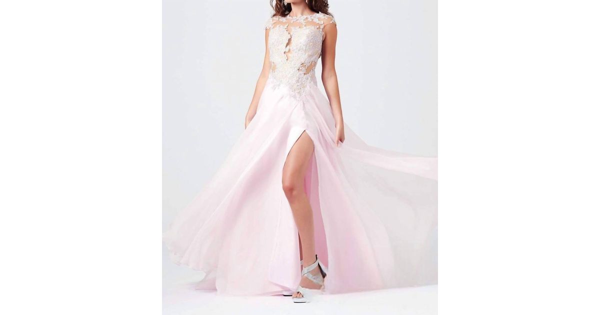Mac Duggal Beaded Prom Gown With Lace Cutouts & High Slit in Pink | Lyst