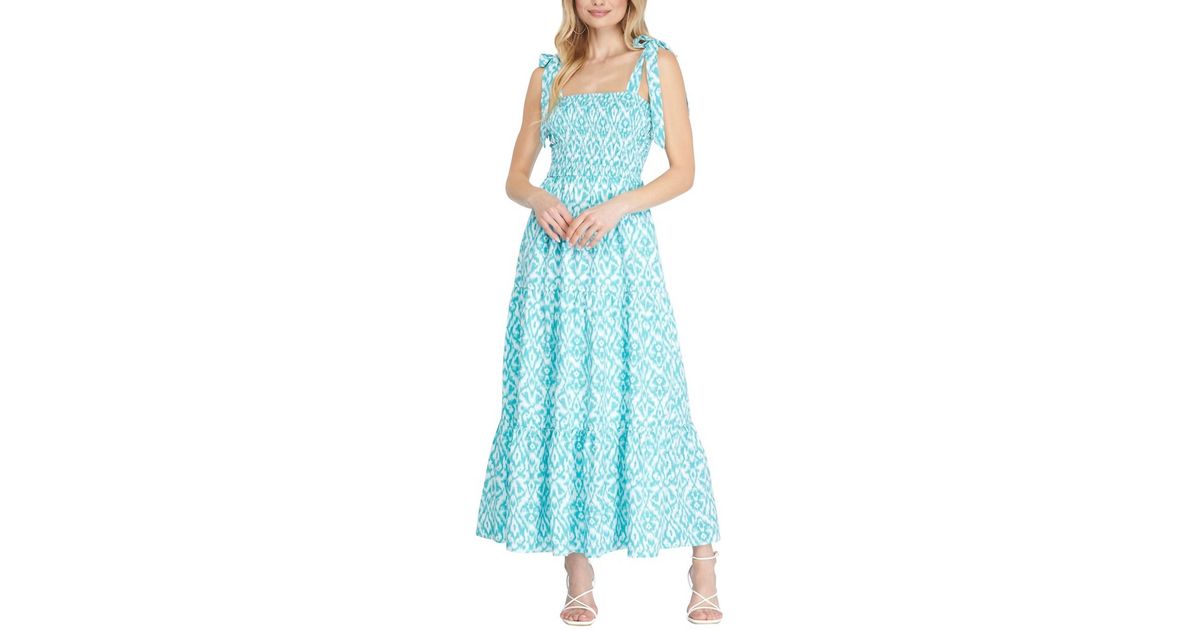 She + Sky Smocked Tiered Maxi Dress in Blue | Lyst