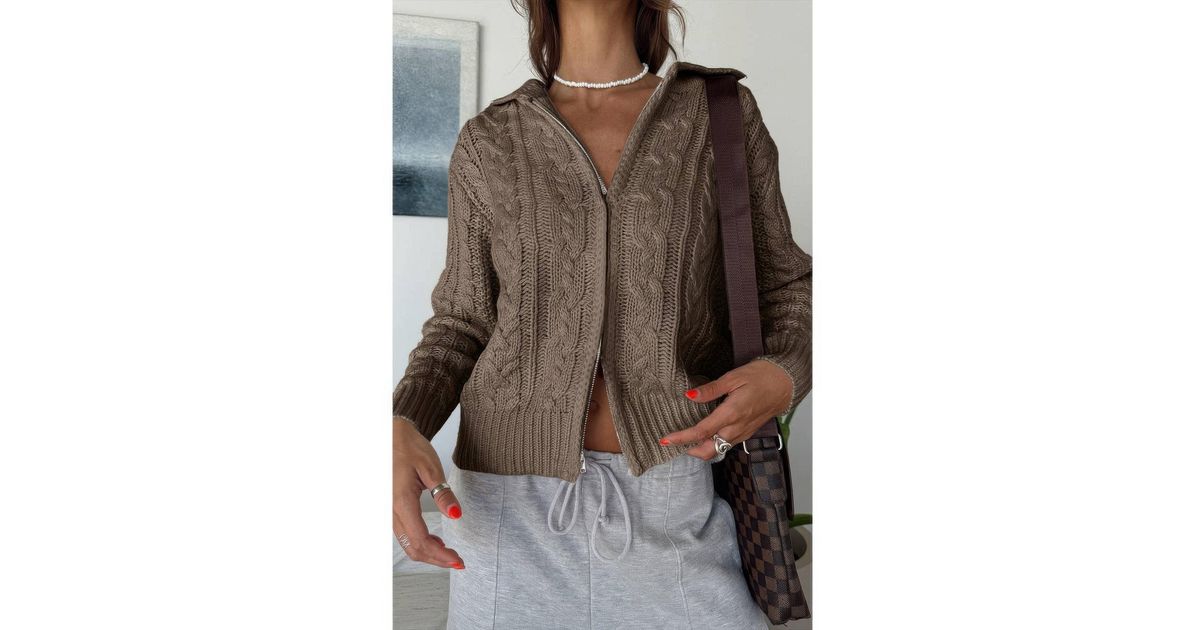 TRUEDAMES Solid Cable Knit Drop Shoulder Zipper Cardigan in Brown | Lyst