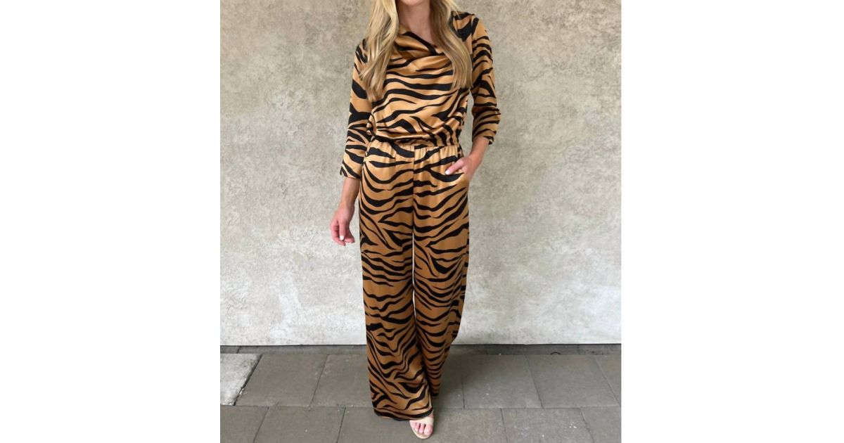 Carole'S Collections Tiger Satin Jumpsuit in Natural | Lyst