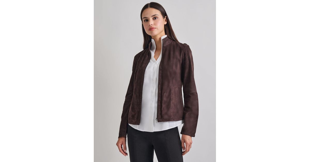 Misook Heritage Fit Reversible Suede Leather Jacket in Brown | Lyst