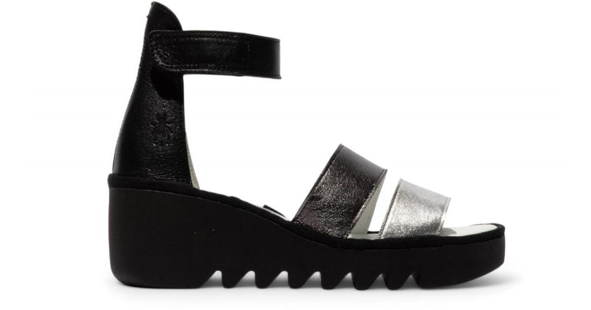 Fly London Bono290Fly Idra Leather Sandals Espadrille Wedges in Black ...