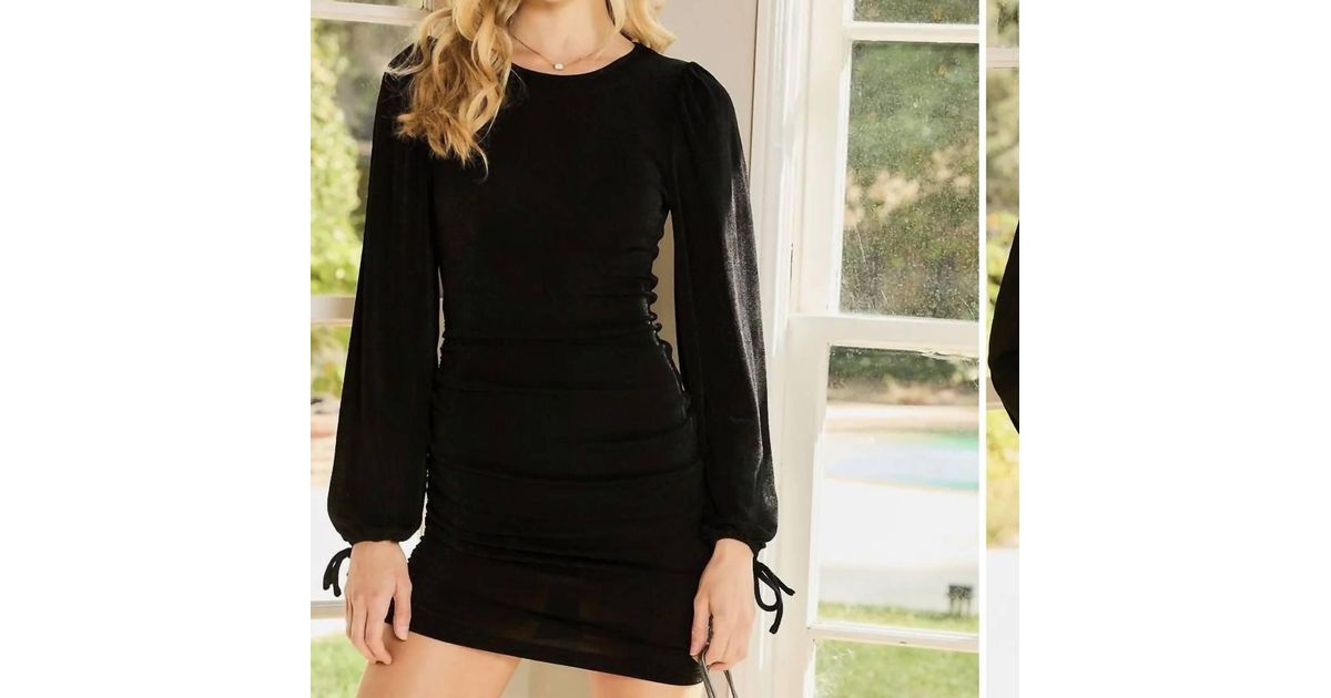 Main Strip Bubble Sleeve Side Ruched Dress in Black | Lyst