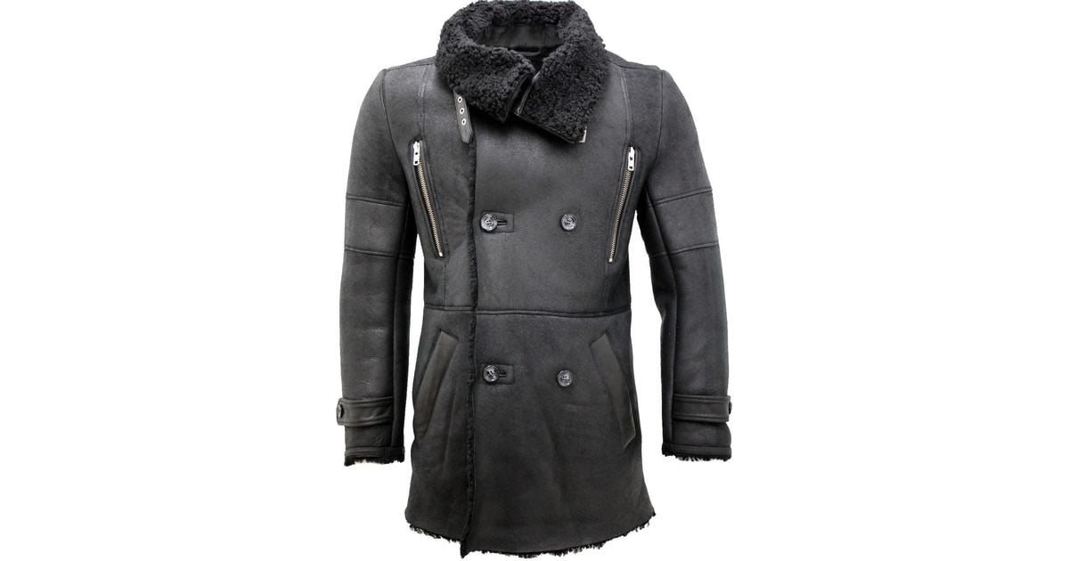 Infinity Leather Double Breasted Sheepskin Reefer Coat-Candon in Black ...