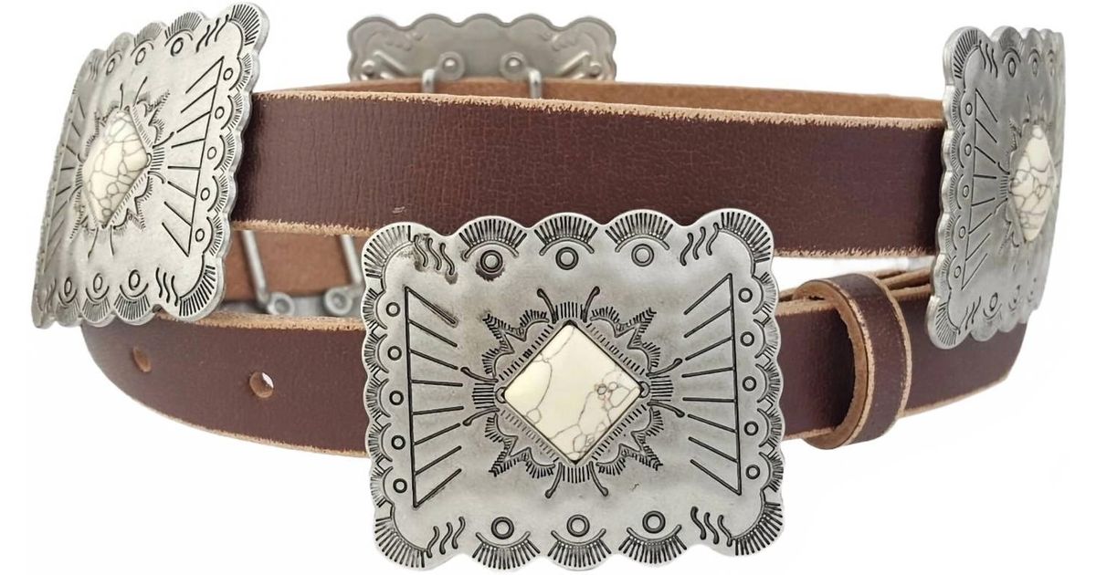 Boho Ranch Distressed Leather Concho With Stone Belt in Gray | Lyst