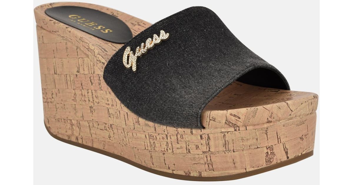 Guess Fours Denim Cork Wedge Mules in Black | Lyst