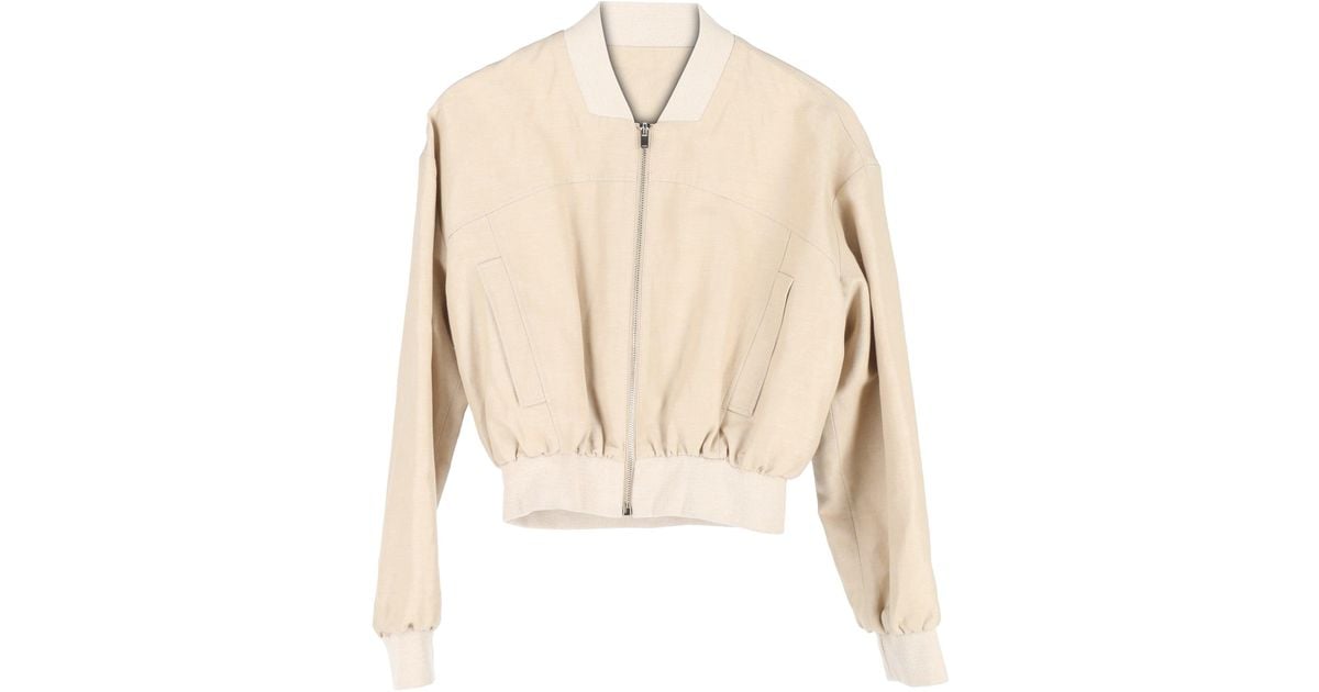 Maje Ribbed-Neck Cropped Bomber Jacket in Natural | Lyst