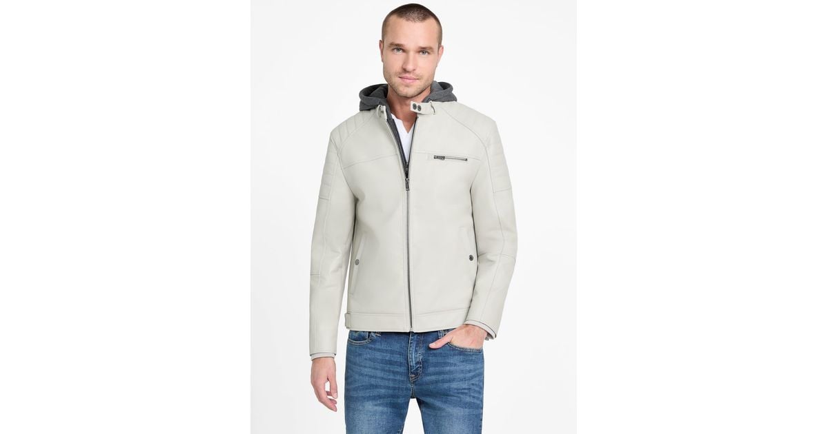 Guess Danilo Faux-Leather Hooded Moto Jacket in Gray for Men | Lyst