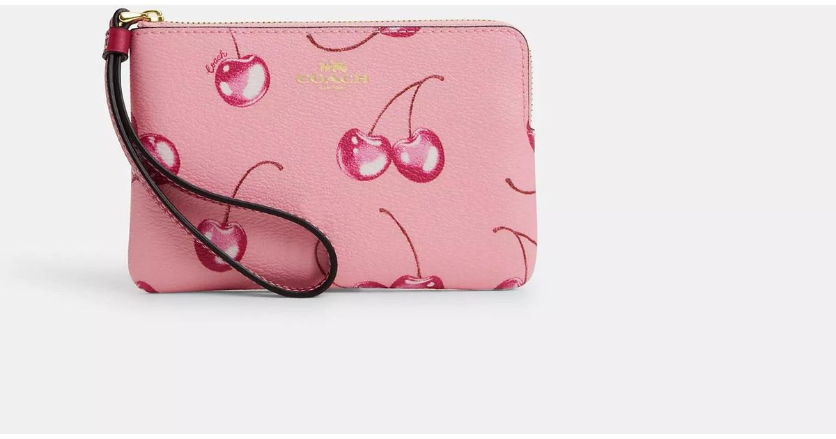 COACH Corner Zip Wristlet With Cherry Print in Pink | Lyst