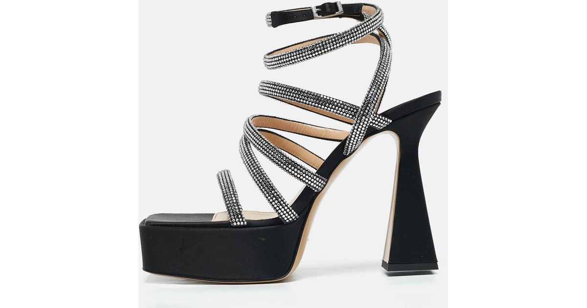 Mach & Mach Satin Sydney Platform Sandals in Black | Lyst