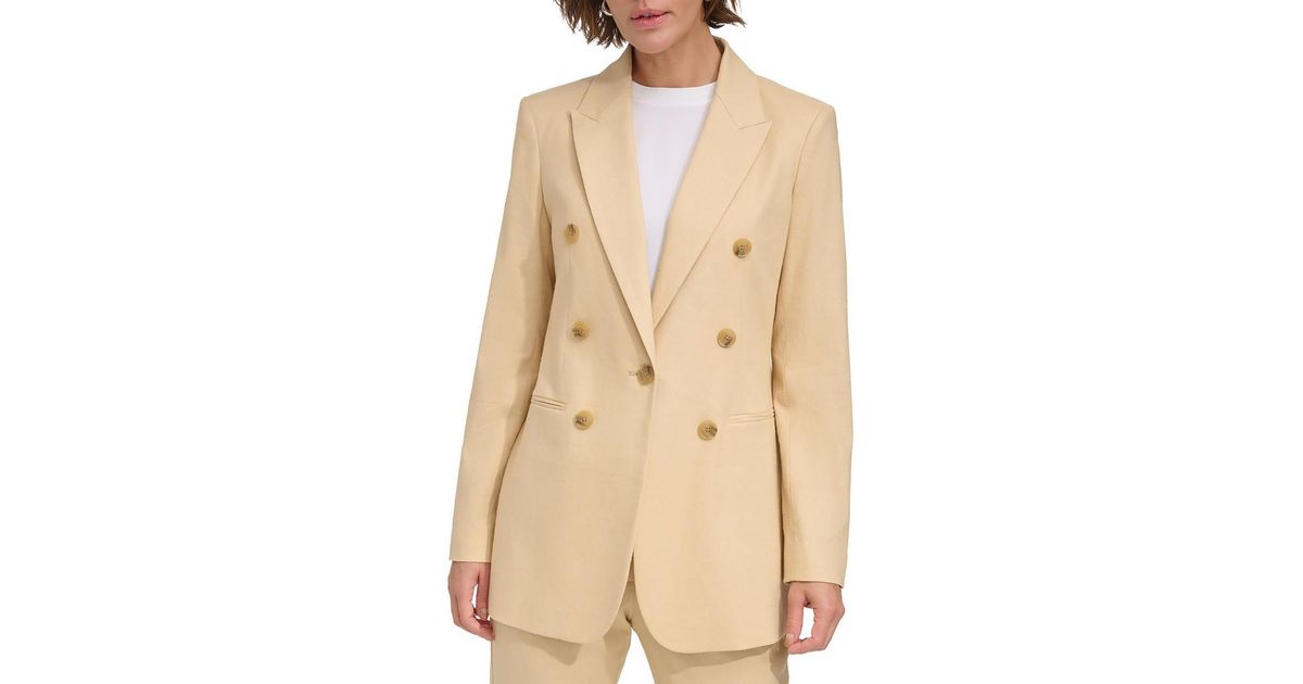 DKNY Solid Linen Double-Breasted Blazer in Natural | Lyst