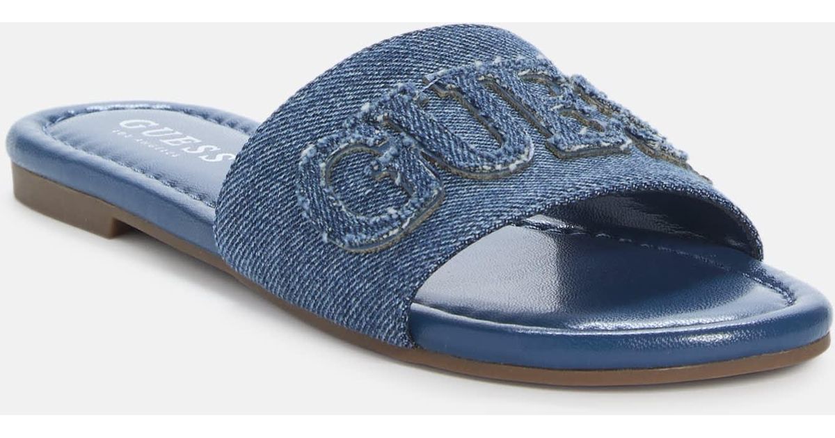 Guess Havas Denim Slide Sandals in Blue | Lyst