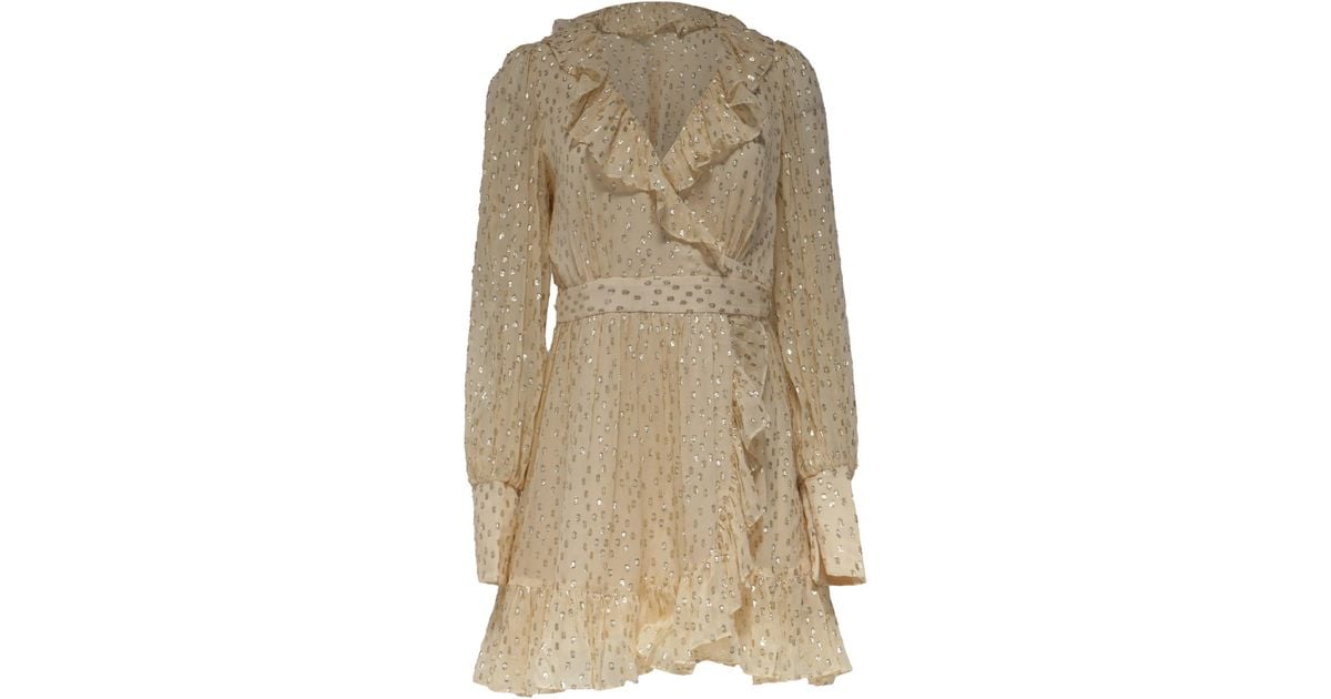 Zimmermann Metallic Frill Wrap Mini Dress in Natural | Lyst