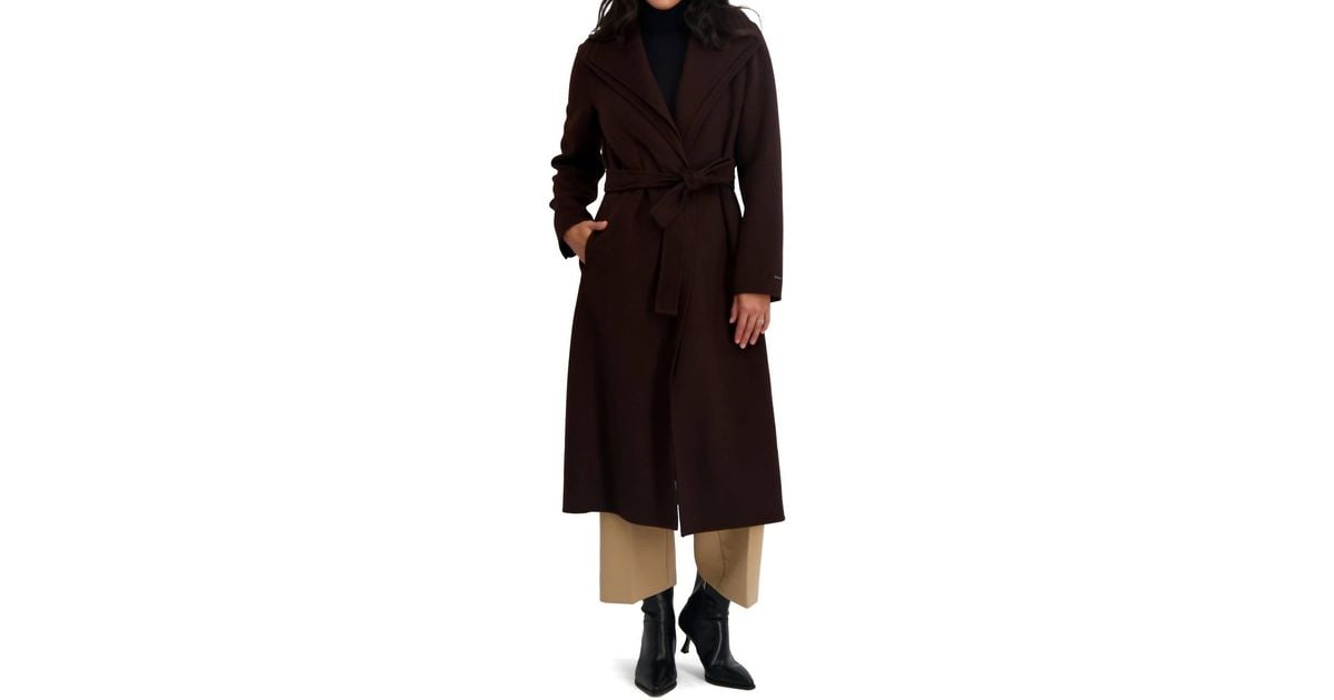 Tahari Slim Fit Double-Faced Wool Blend Belted Wrap Coat in Black | Lyst